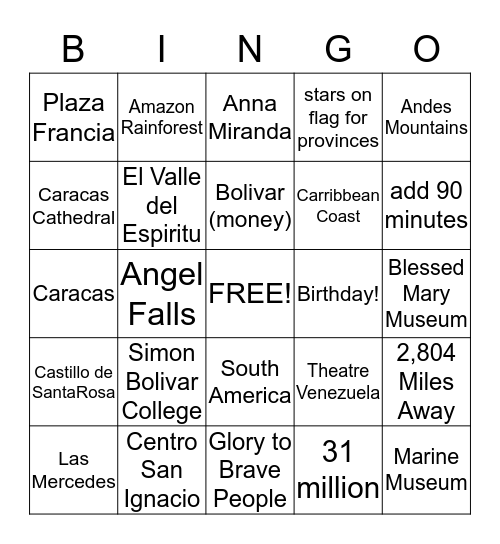 Venezuela Bingo Card