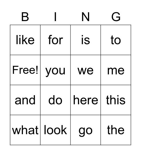Reach Sight Words Bingo Card