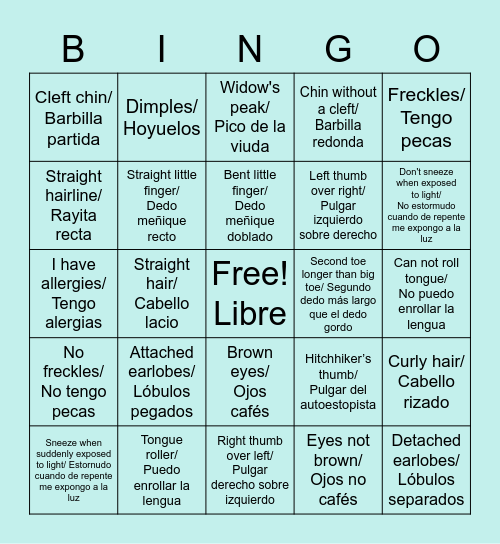 Human Trait Bingo Card
