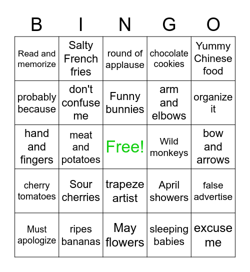Final /z/ Bingo Card