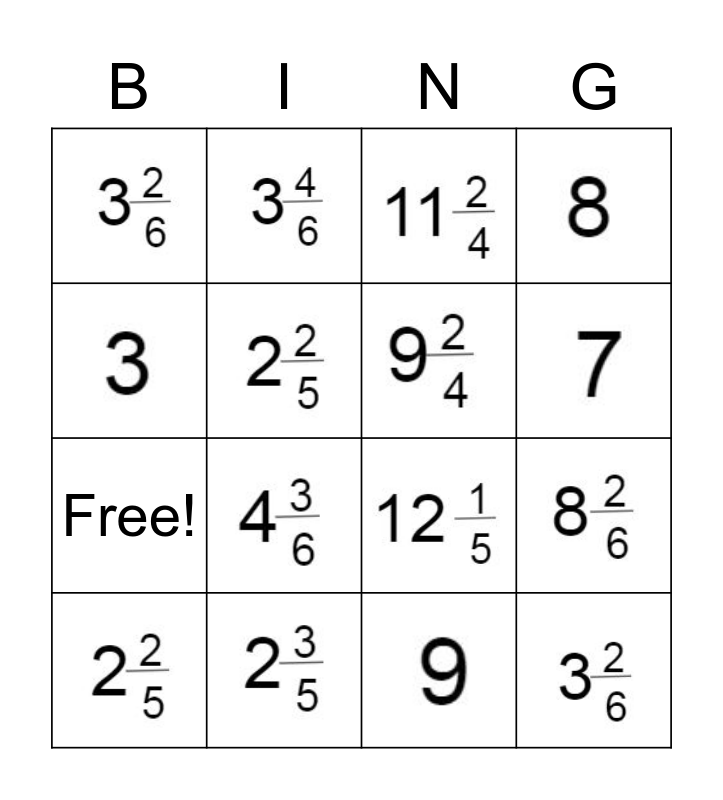 Adding and Subtracting Mixed Numbers Bingo Card