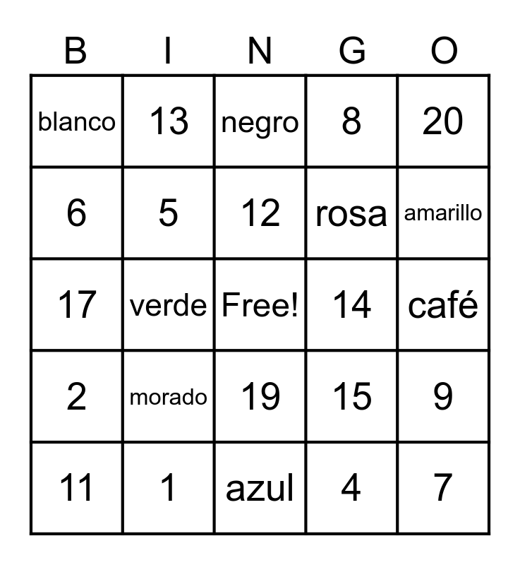 BINGO DE COLORES Y NUMEROS Bingo Card
