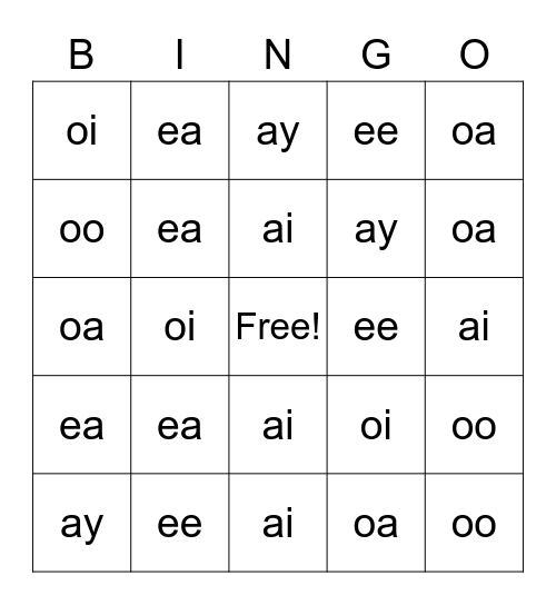 Vowel Teams: ea, ee, ai, ay, oa, oi, oo Bingo Card