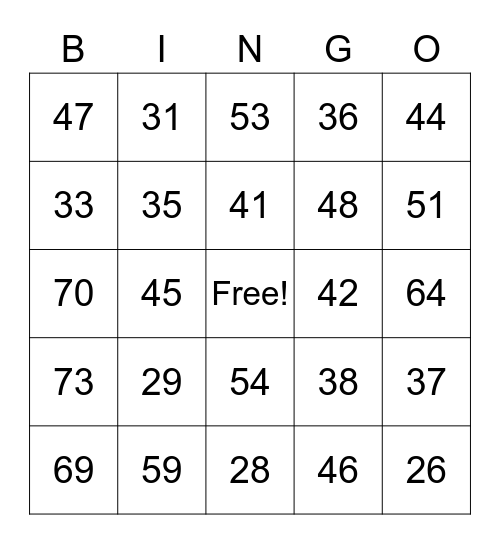 Number Bingo 25-74 Bingo Card