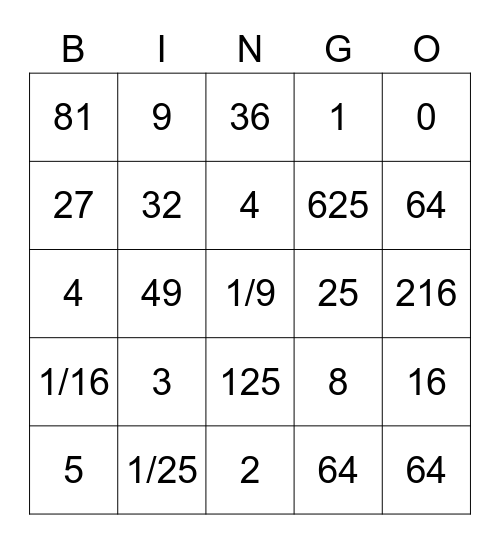 Exponential Bingo Card