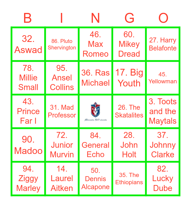 Miranda KO Events Reggae Night Round1 Bingo Card