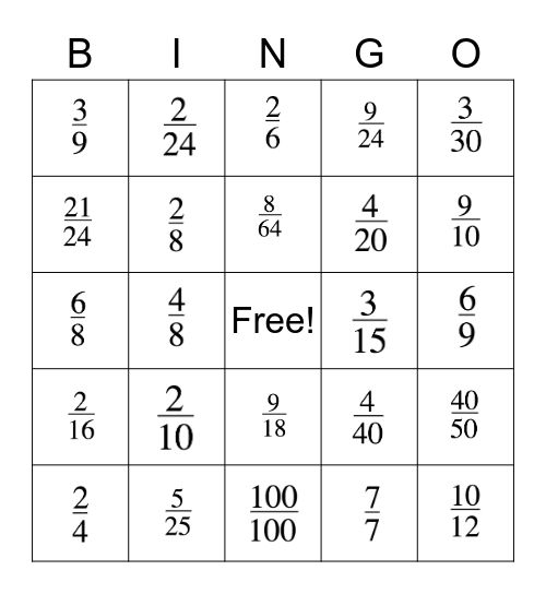 Fraction Bingo Card