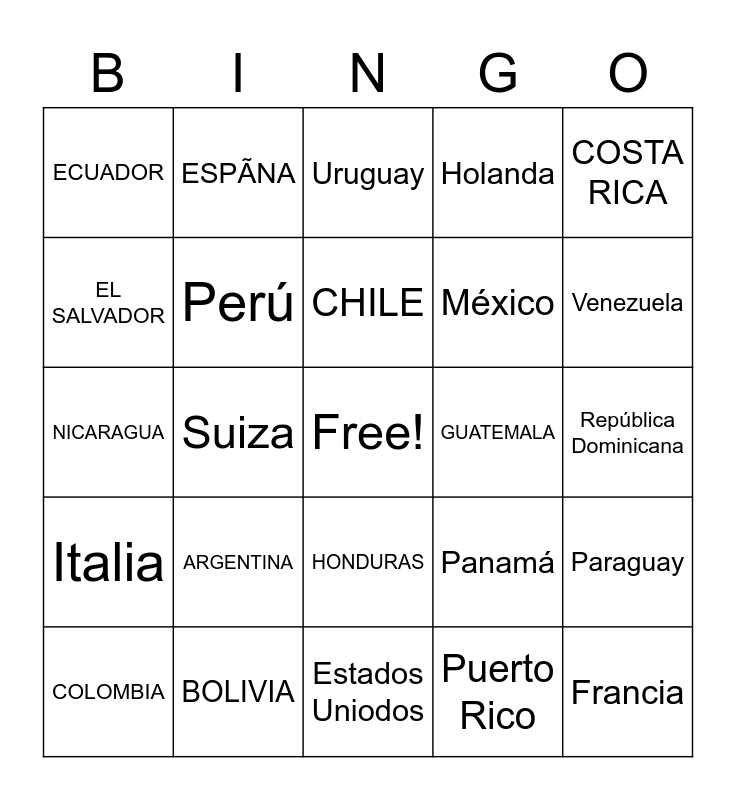 Nacionalidades Bingo Card