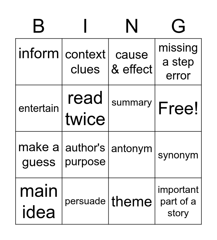 Reading strategies/math BINGO Card