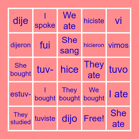 El pretérito (irregular & regular verbs) Bingo Card