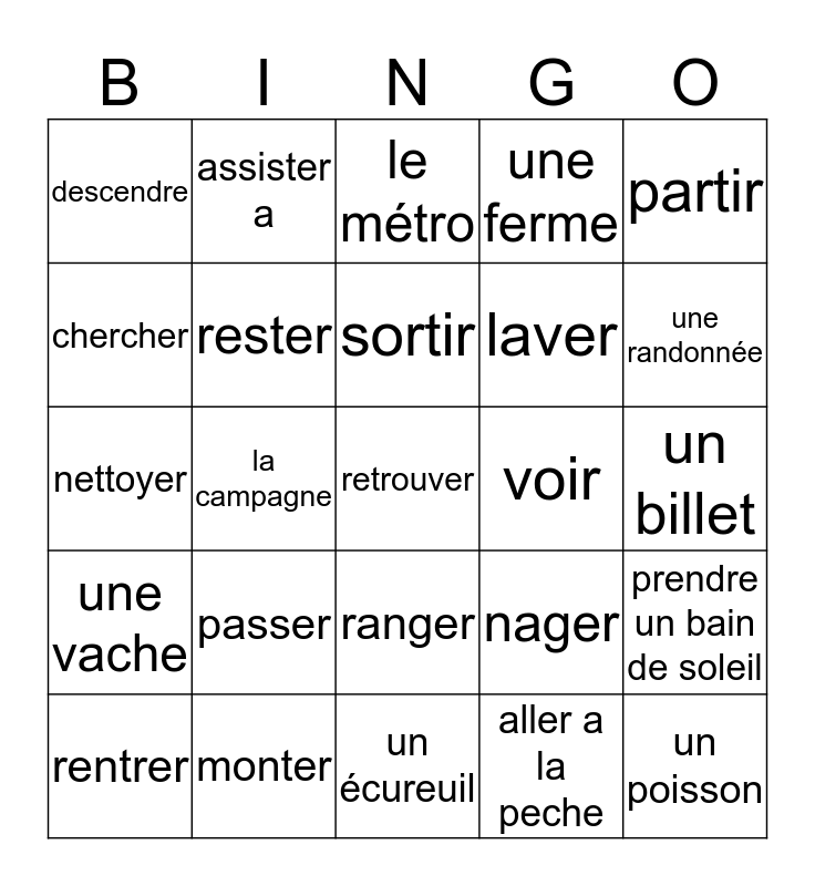 Fr. 2 Unité 2 Leçon 5 voc. Bingo Card