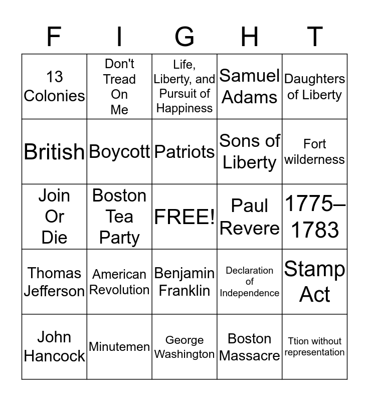 American Revolutionary War Bingo Card