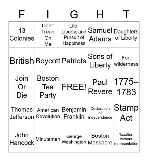 American Revolutionary War Bingo Card