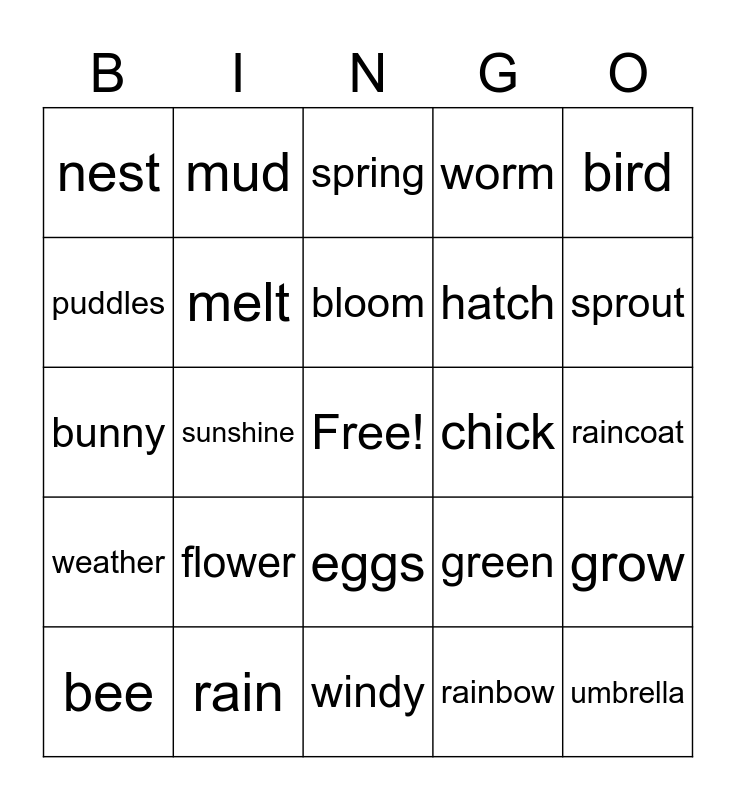 Spring Words Bingo Card