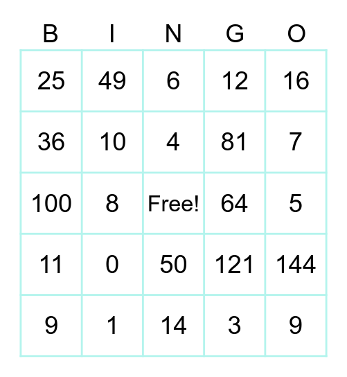 Squares and Square Roots Bingo Card