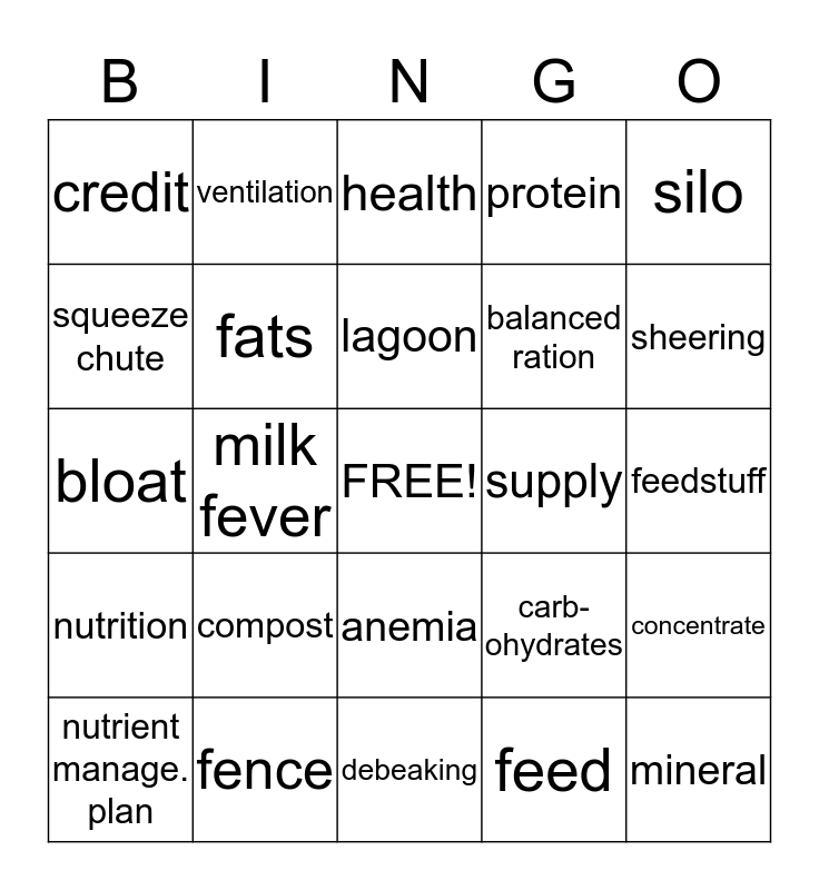 Animal Science Terms Bingo Card