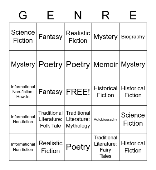 Literary Genre Bingo Card