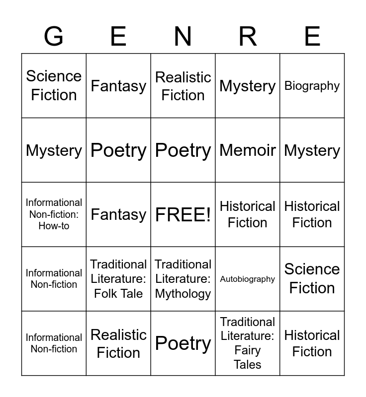 Literary Genre Bingo Card