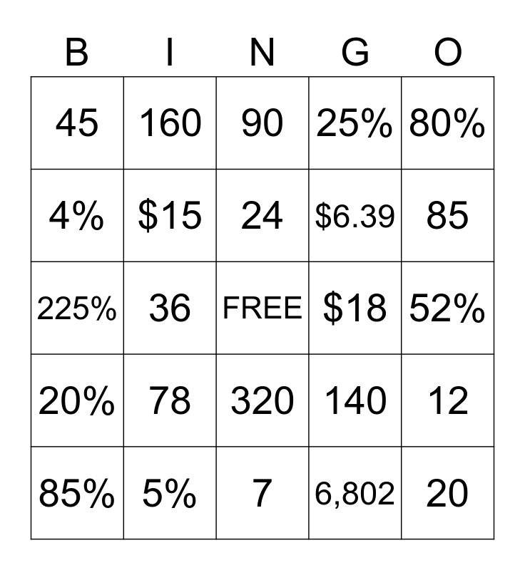 Proportion BINGO Card