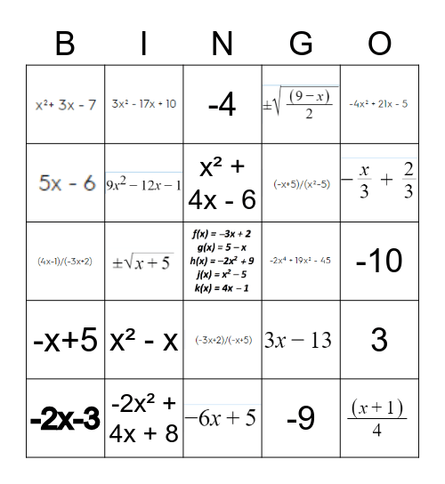 Algebra II - Function Bingo Card