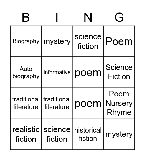 Genre Bingo Card