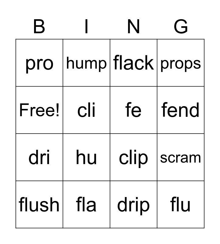 Mixed Bingo: Blends, Open Syllables Bingo Card