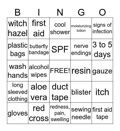 First Aid Bingo Card