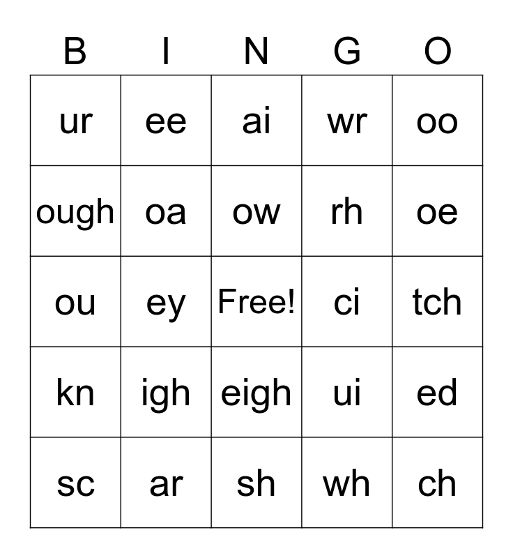 Multi-Letter Phonograms Bingo Card
