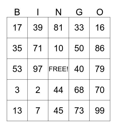 Numbers 1-100 Bingo Card