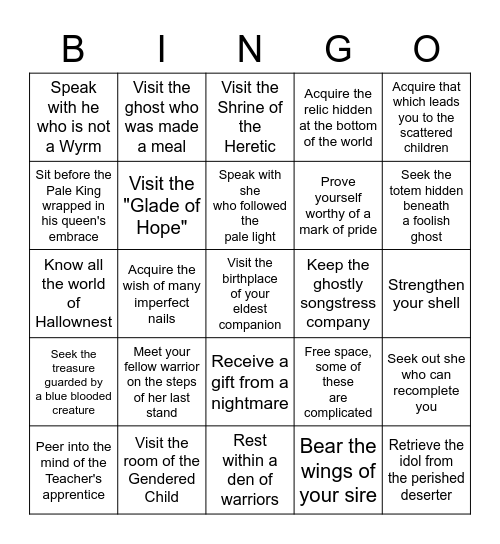 Hollow Knight Riddle Bingo Card