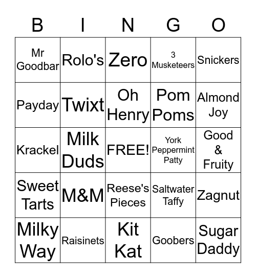 Candy Bars Bingo Card