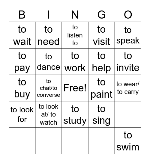AR Verbs Bingo Card