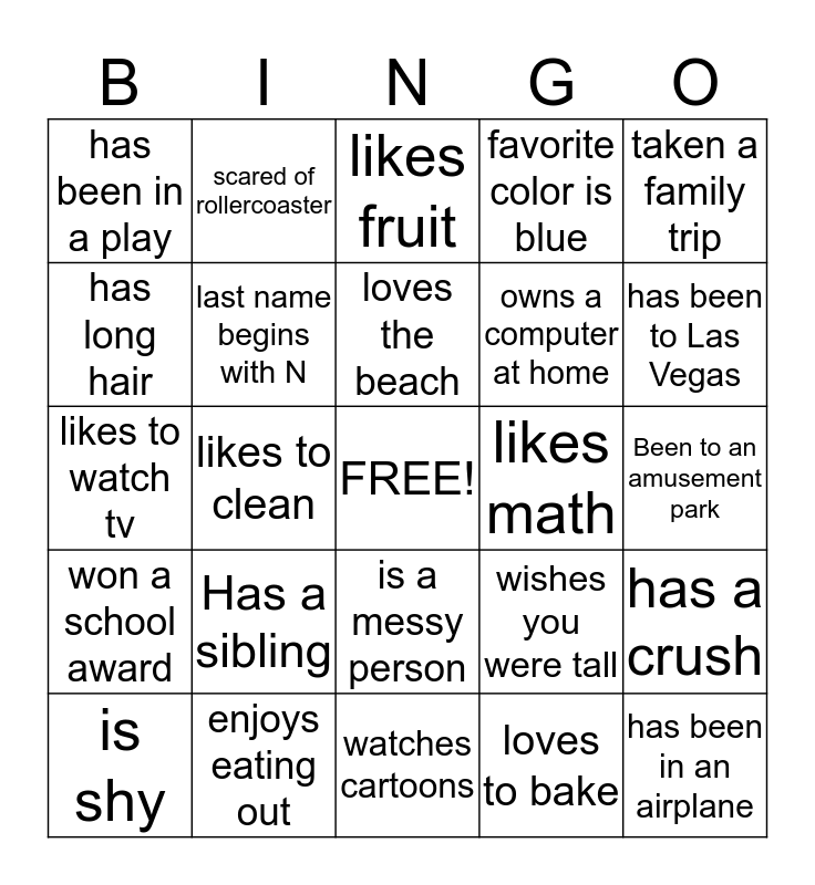 Classmate Bingo Card Classmate Bingo Card