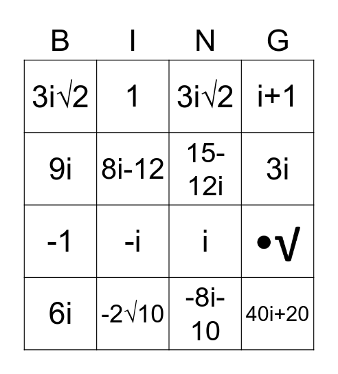 Complex Numbers Bingo Card