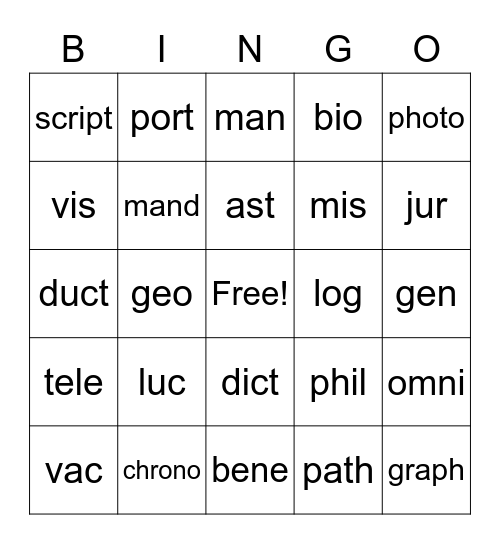Greek and Latin Roots Bingo Card
