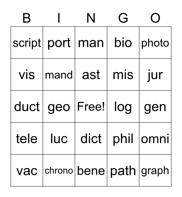 Greek and Latin Roots Bingo Card