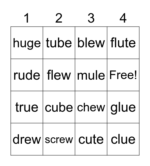 Long Vowel /u/ Bingo Card
