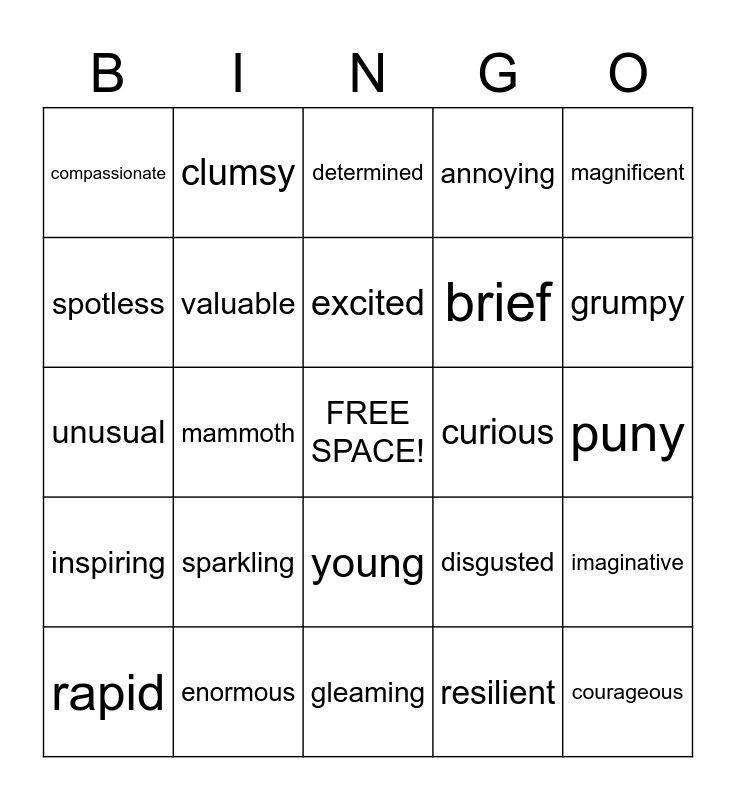 Adjective BINGO Card