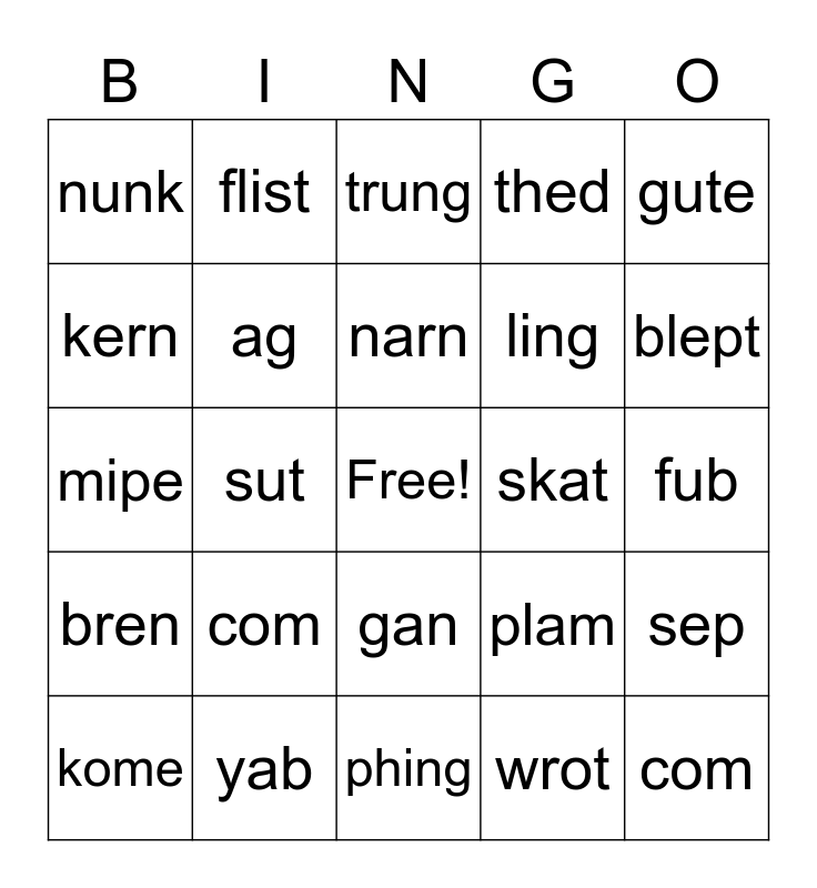 Nonsense Words Bingo Card