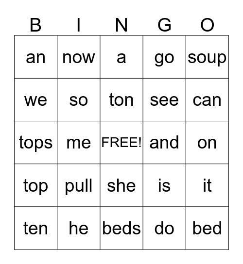 Spelling Word Bingo Card