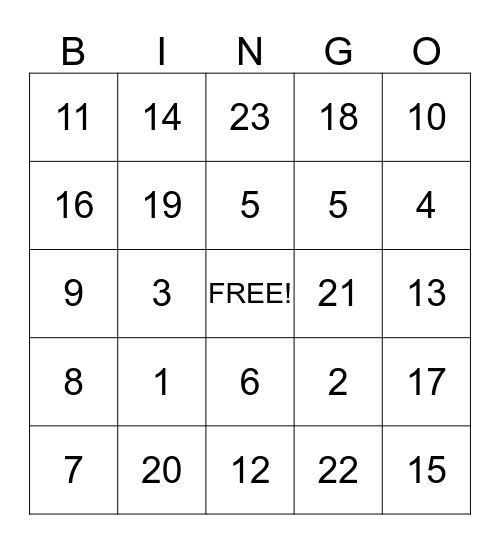 Teen numbers Bingo Card