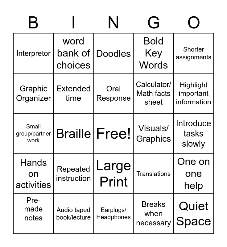 Accommodations/Modifications Bingo Card