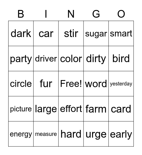Vocalic R Bingo Card