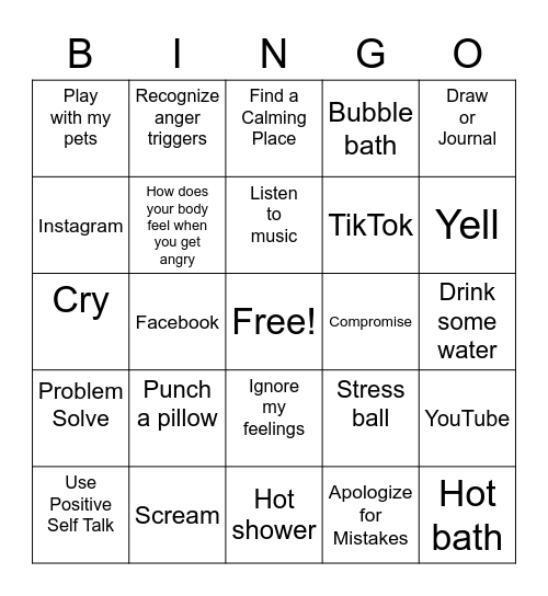 Anger Bingo Card
