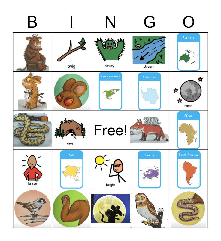 The Gruffalo's Child and Continents Bingo Card