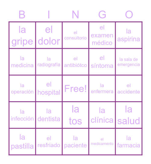 Unit 8: La Salud Vocab Bingo Card