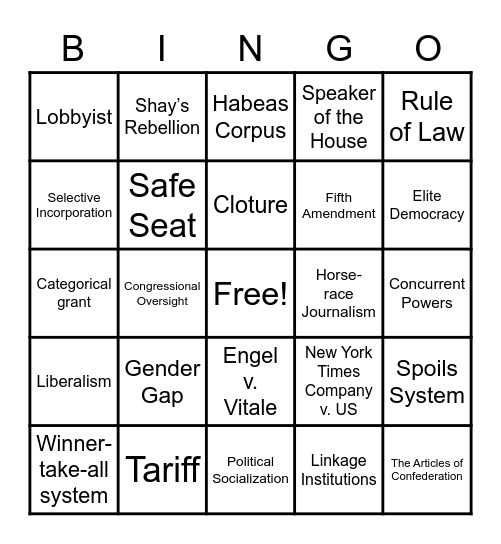 AP Gov and Politics Vocabulary Bingo Card