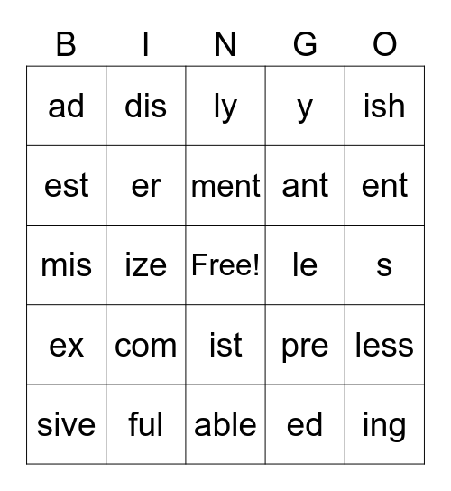 Prefix and Suffix Bingo Card