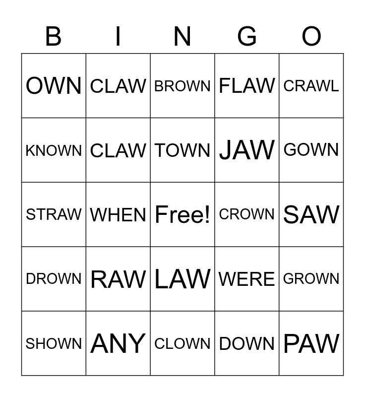 WORDS THAT END WITH AW AND OWN Bingo Card