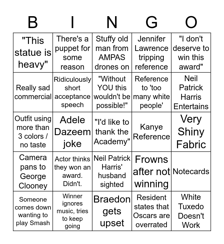 HONOSCARS BINGO 3 Bingo Card
